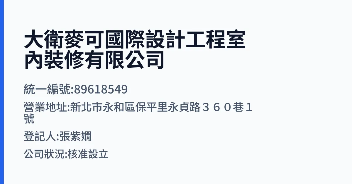大衛麥可國際設計工程室內裝修有限公司 - 統編 89618549(新北市) 公司登記資料與營業項目詳細圖表