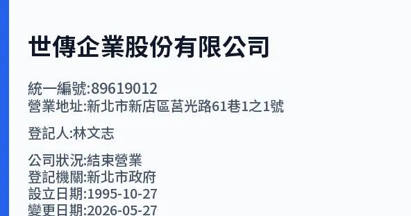 世傳企業股份有限公司的照片-統編 89619012(新北市) 公司登記資料與營業項目詳細圖表