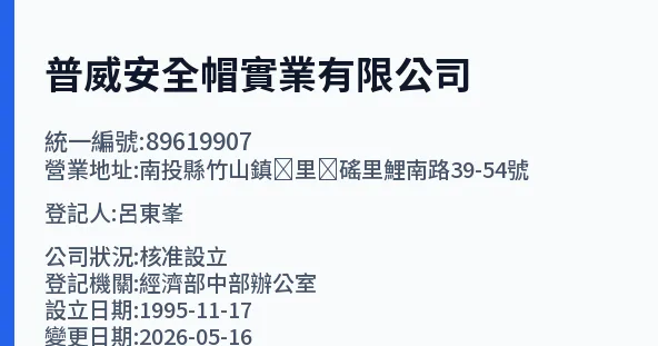 普威安全帽實業有限公司的照片-統編 89619907(南投縣) 公司登記資料與營業項目詳細圖表