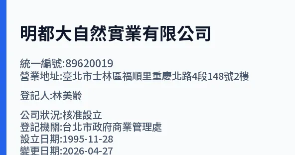 明都大自然實業有限公司的照片-統編 89620019(臺北市) 公司登記資料與營業項目詳細圖表