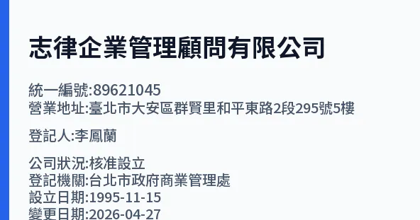志律企業管理顧問有限公司的照片-統編 89621045(臺北市) 公司登記資料與營業項目詳細圖表