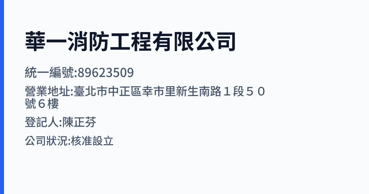 華一消防工程有限公司 - 統編 89623509(臺北市) 公司登記資料與營業項目詳細圖表