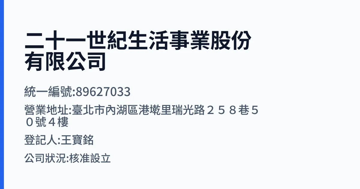 二十一世紀生活事業股份有限公司 - 統編 89627033 (臺北市) 公司登記資料與營業項目詳細圖表