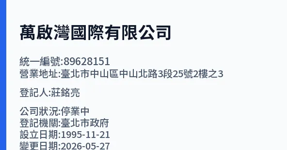 萬啟灣國際有限公司的照片-統編 89628151(臺北市) 公司登記資料與營業項目詳細圖表