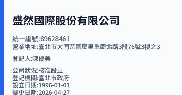 盛然國際股份有限公司的照片-統編 89628461(臺北市) 公司登記資料與營業項目詳細圖表