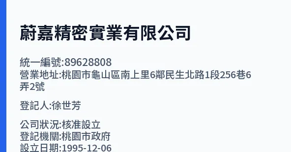 蔚嘉精密實業有限公司的照片-統編 89628808(桃園市) 公司登記資料與營業項目詳細圖表