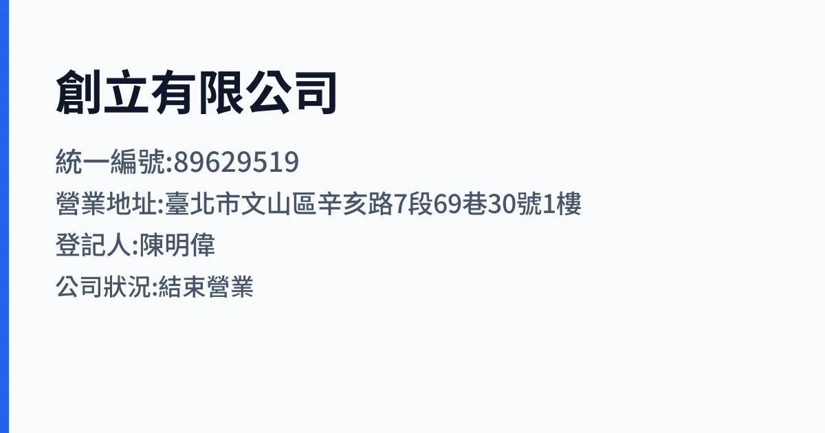 創立有限公司 - 統編 89629519(臺北市) 公司登記資料與營業項目詳細圖表