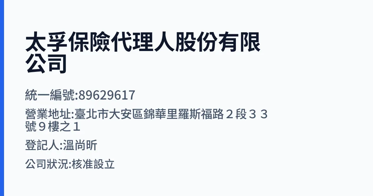太孚保險代理人股份有限公司 - 統編 89629617(臺北市) 公司登記資料與營業項目詳細圖表