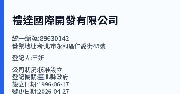 禮達國際開發有限公司的照片-統編 89630142(新北市) 公司登記資料與營業項目詳細圖表