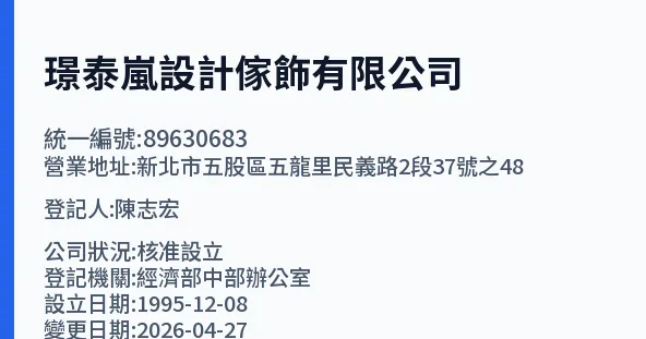 璟泰嵐設計傢飾有限公司的照片-統編 89630683(新北市) 公司登記資料與營業項目詳細圖表