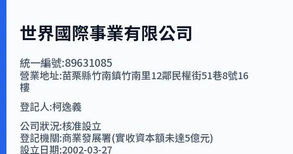 世界國際事業有限公司的照片-統編 89631085(苗栗縣) 公司登記資料與營業項目詳細圖表