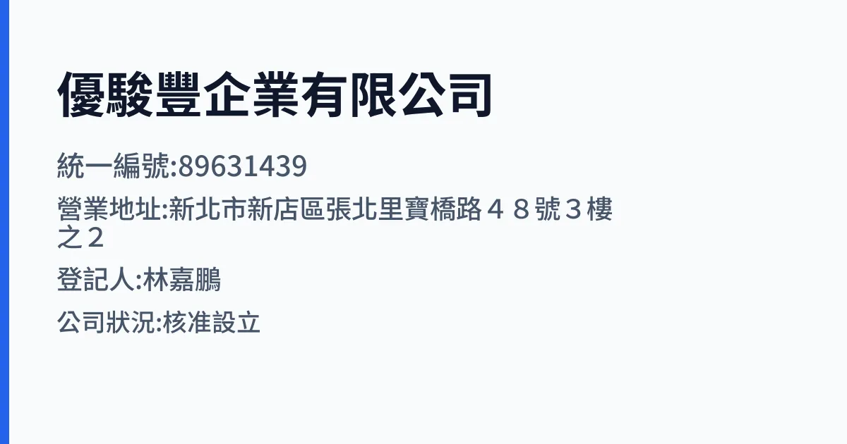 優駿豐企業有限公司 - 統編 89631439(新北市) 公司登記資料與營業項目詳細圖表