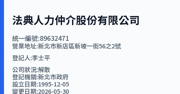 法典人力仲介股份有限公司的照片-統編 89632471(新北市) 公司登記資料與營業項目詳細圖表