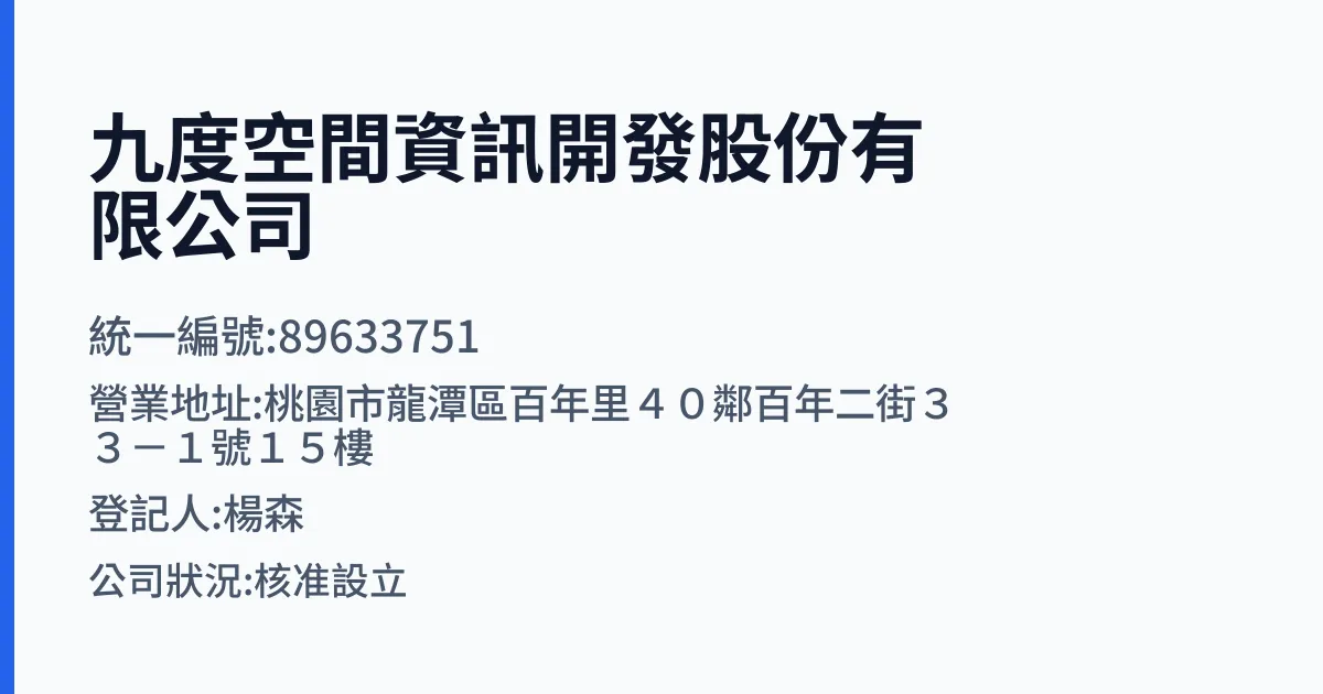 九度空間資訊開發股份有限公司 - 統編 89633751(桃園市) 公司登記資料與營業項目詳細圖表