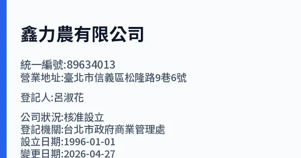 鑫力農有限公司的照片-統編 89634013(臺北市) 公司登記資料與營業項目詳細圖表