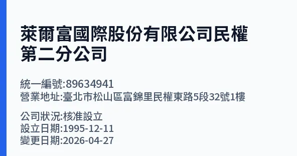 萊爾富國際股份有限公司民權第二分公司的照片-統編 89634941(臺北市) 公司登記資料與營業項目詳細圖表