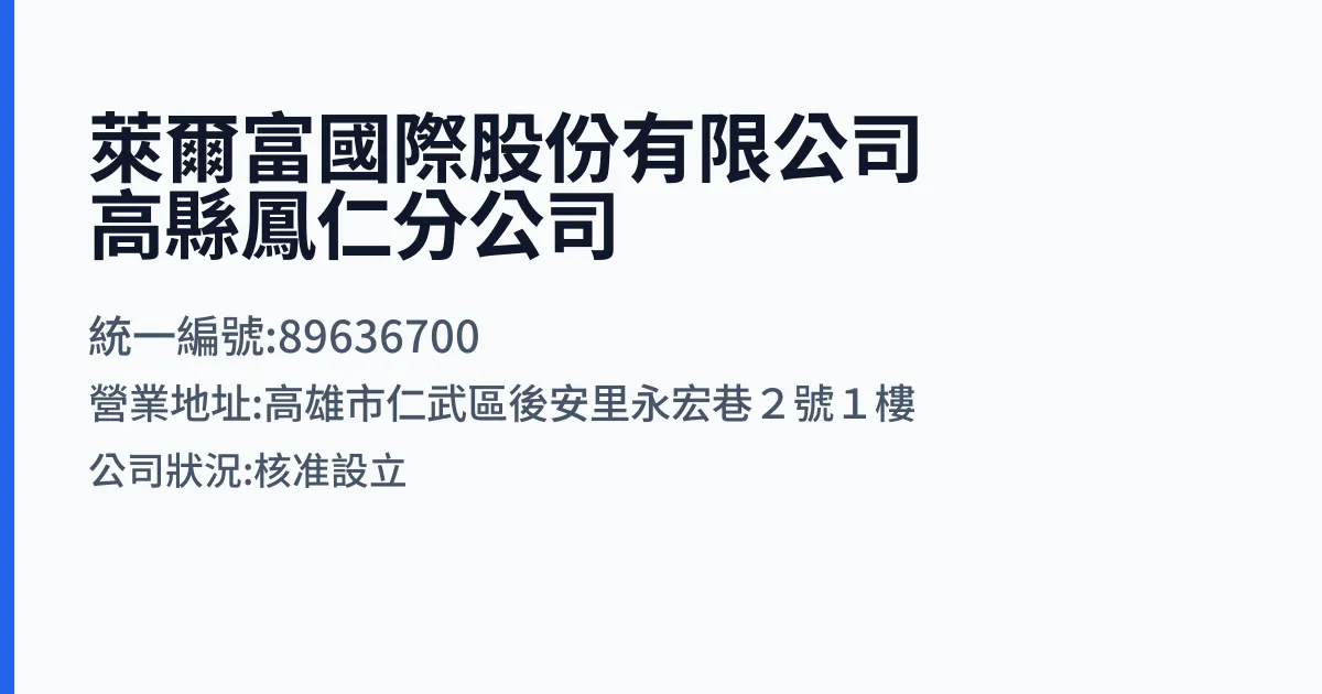 萊爾富國際股份有限公司高縣鳳仁分公司 - 統編 89636700(高雄市) 公司登記資料與營業項目詳細圖表