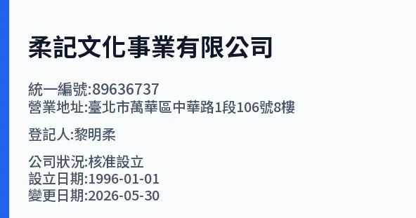 柔記文化事業有限公司的照片-統編 89636737(臺北市) 公司登記資料與營業項目詳細圖表