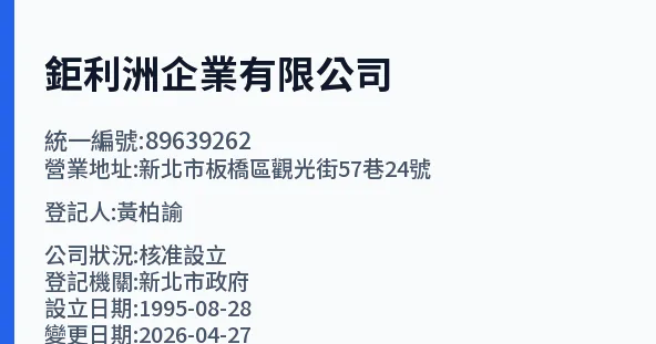 鉅利洲企業有限公司的照片-統編 89639262(新北市) 公司登記資料與營業項目詳細圖表