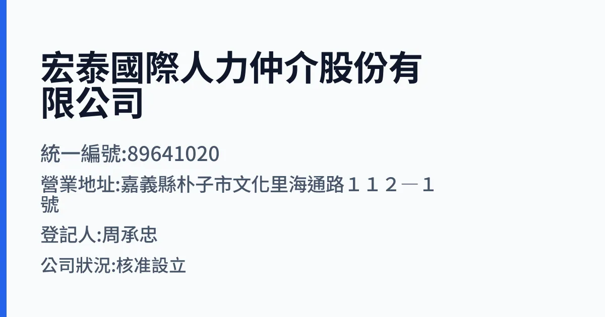 宏泰國際人力仲介股份有限公司 - 統編 89641020(嘉義縣) 公司登記資料與營業項目詳細圖表