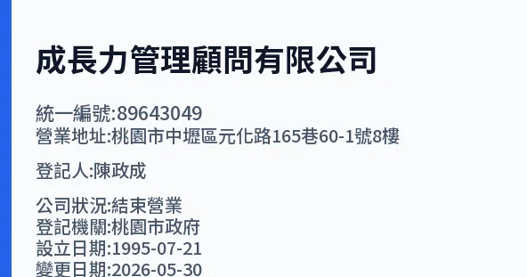 成長力管理顧問有限公司的照片-統編 89643049(桃園市) 公司登記資料與營業項目詳細圖表