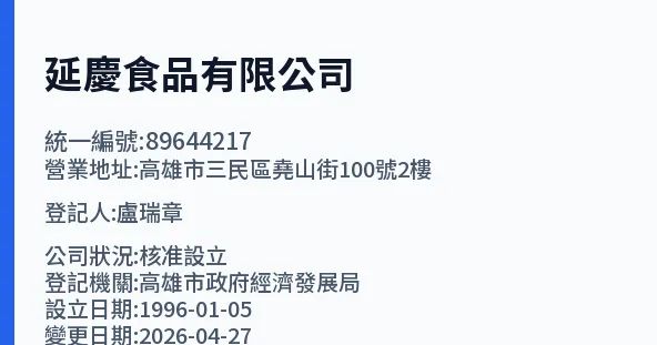延慶食品有限公司的照片-統編 89644217(高雄市) 公司登記資料與營業項目詳細圖表