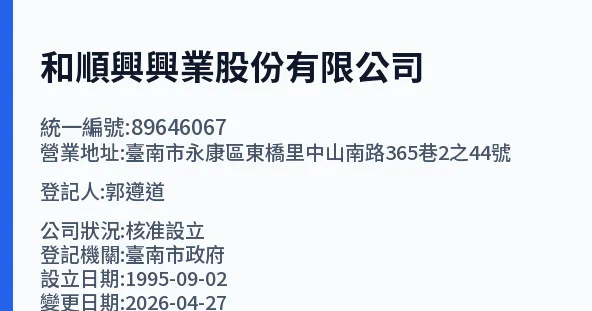 和順興興業股份有限公司的照片-統編 89646067(臺南市) 公司登記資料與營業項目詳細圖表
