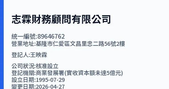 志霖財務顧問有限公司的照片-統編 89646762(基隆市) 公司登記資料與營業項目詳細圖表