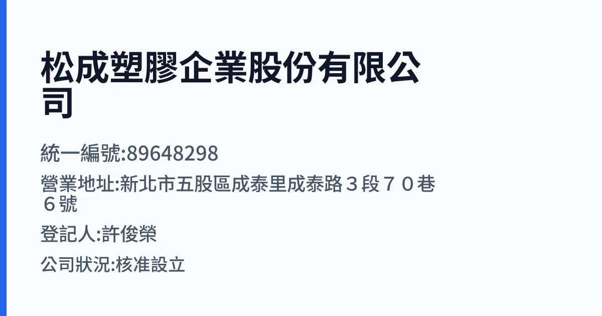 松成塑膠企業股份有限公司 - 統編 89648298(新北市) 公司登記資料與營業項目詳細圖表