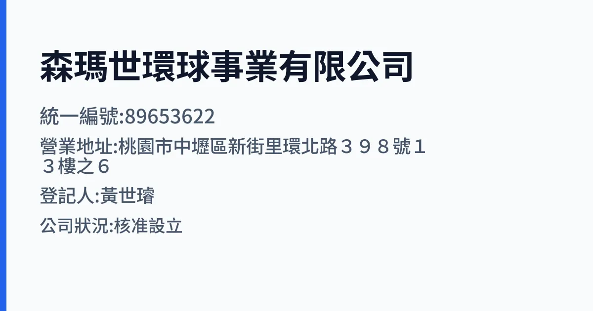 森瑪世環球事業有限公司 - 統編 89653622（桃園市） 公司登記資料與營業項目詳細圖表