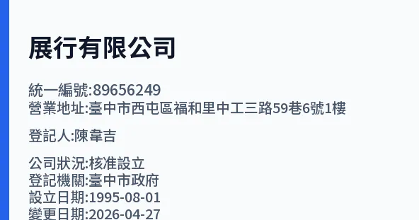 展行有限公司的照片-統編 89656249(臺中市) 公司登記資料與營業項目詳細圖表