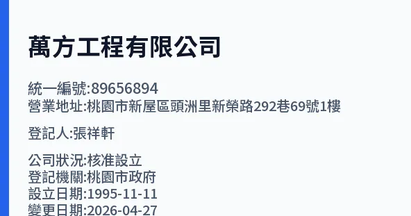 萬方工程有限公司的照片-統編 89656894(桃園市) 公司登記資料與營業項目詳細圖表