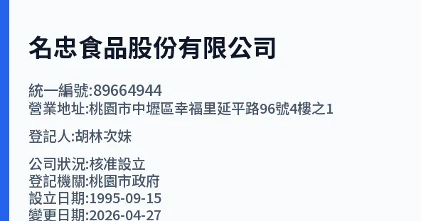 名忠食品股份有限公司的照片-統編 89664944(桃園市) 公司登記資料與營業項目詳細圖表
