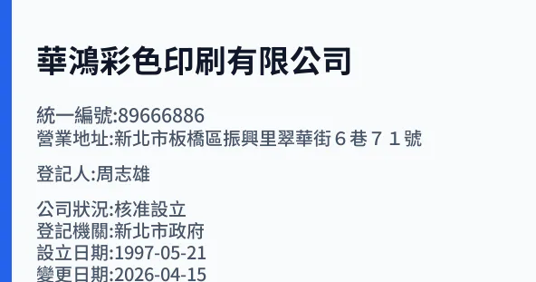 華鴻彩色印刷有限公司的照片-統編 89666886(新北市) 公司登記資料與營業項目詳細圖表