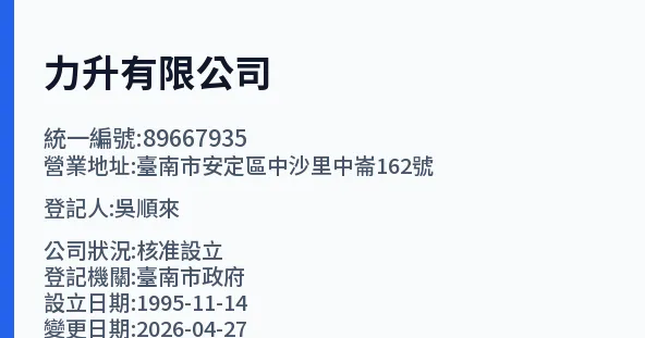 力升有限公司的照片-統編 89667935(臺南市) 公司登記資料與營業項目詳細圖表