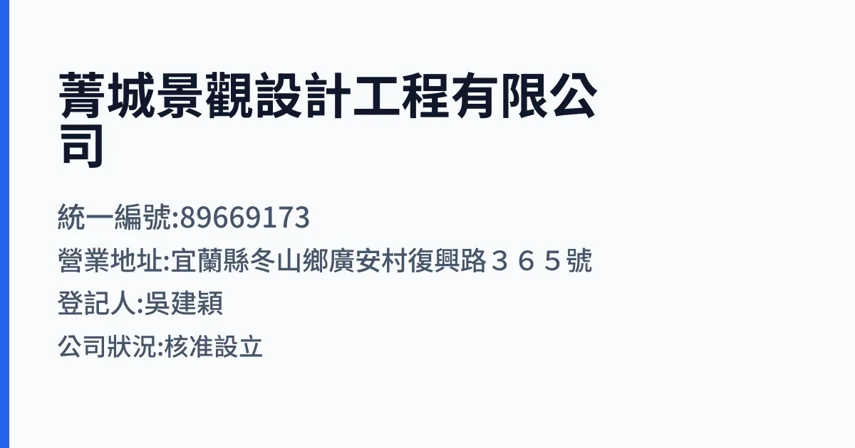 菁城景觀設計工程有限公司 - 統編 89669173(宜蘭縣) 公司登記資料與營業項目詳細圖表