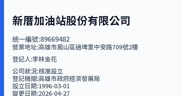 新厝加油站股份有限公司的照片-統編 89669482(高雄市) 公司登記資料與營業項目詳細圖表