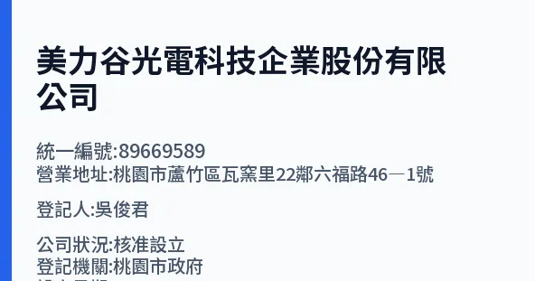 美力谷光電科技企業股份有限公司的照片-統編 89669589(桃園市) 公司登記資料與營業項目詳細圖表