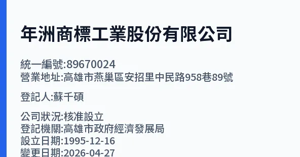 年洲商標工業股份有限公司的照片-統編 89670024(高雄市) 公司登記資料與營業項目詳細圖表
