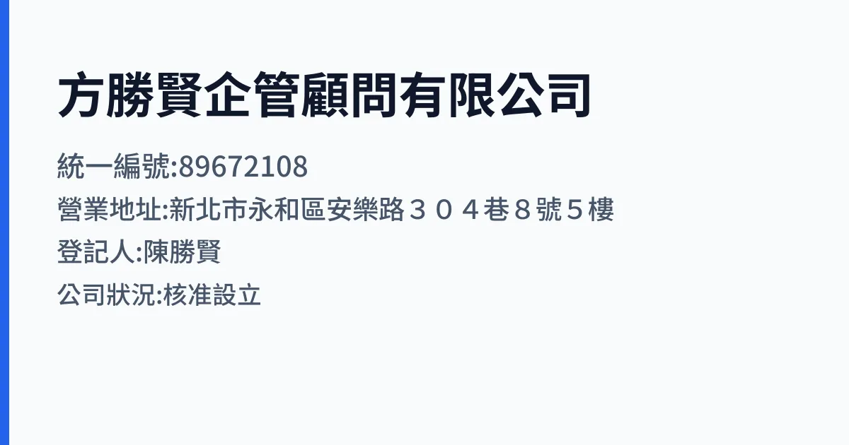 方勝賢企管顧問有限公司 - 統編 89672108(新北市) 公司登記資料與營業項目詳細圖表