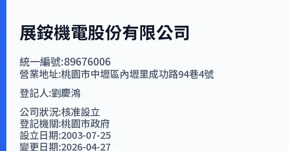 展銨機電股份有限公司的照片-統編 89676006(桃園市) 公司登記資料與營業項目詳細圖表