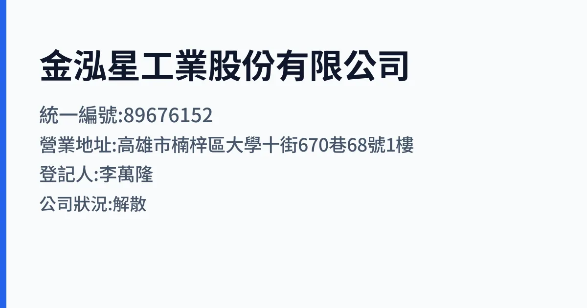 金泓星工業股份有限公司 - 統編 89676152(高雄市) 公司登記資料與營業項目詳細圖表