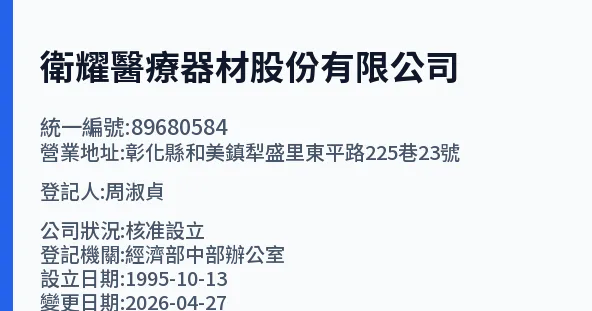 衛耀醫療器材股份有限公司的照片-統編 89680584(彰化縣) 公司登記資料與營業項目詳細圖表