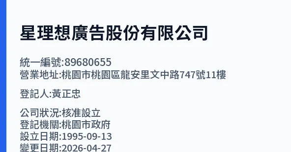 星理想廣告股份有限公司的照片-統編 89680655(桃園市) 公司登記資料與營業項目詳細圖表