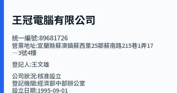 王冠電腦有限公司的照片-統編 89681726(宜蘭縣) 公司登記資料與營業項目詳細圖表