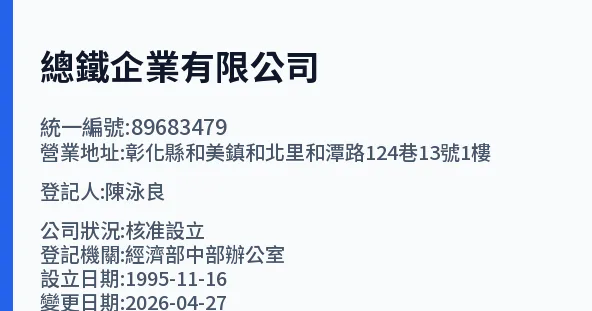 總鐵企業有限公司的照片-統編 89683479(彰化縣) 公司登記資料與營業項目詳細圖表