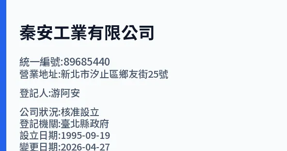 秦安工業有限公司的照片-統編 89685440(新北市) 公司登記資料與營業項目詳細圖表