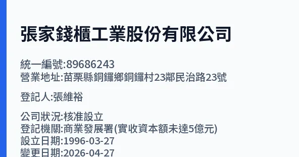 張家錢櫃工業股份有限公司的照片-統編 89686243(苗栗縣) 公司登記資料與營業項目詳細圖表