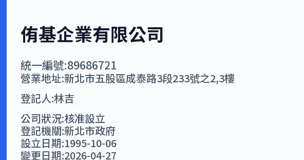 侑基企業有限公司的照片-統編 89686721(新北市) 公司登記資料與營業項目詳細圖表