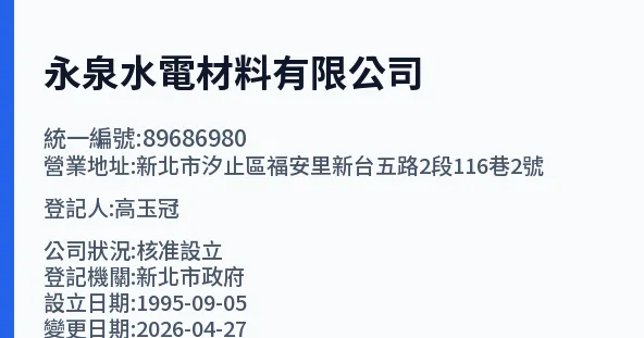 永泉水電材料有限公司的照片-統編 89686980(新北市) 公司登記資料與營業項目詳細圖表